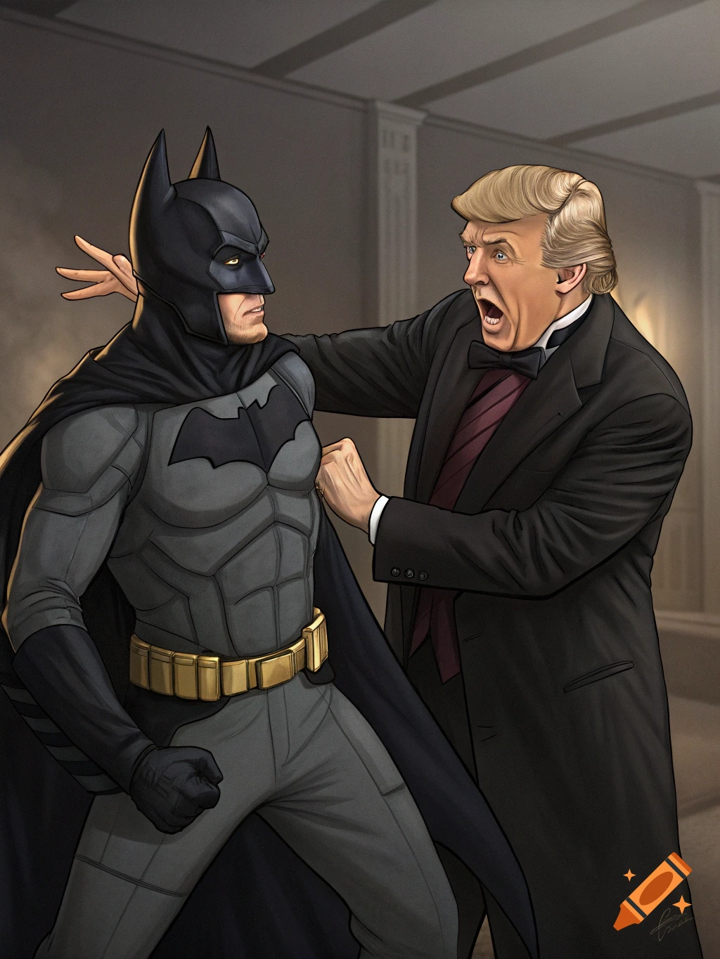 Batman slapping Donald Trump in a comic art style. on Craiyon