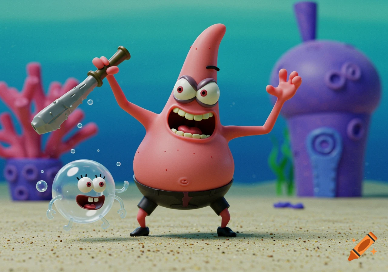 3D render of Patrick Star holding a bat next to Bubble Buddy underwater ...