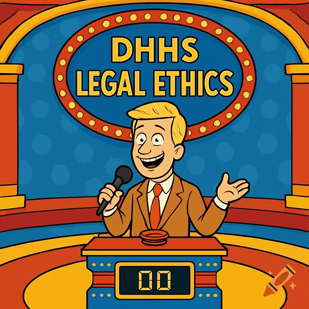 Cartoon game show host with microphone on a stage with DHHS Legal ...
