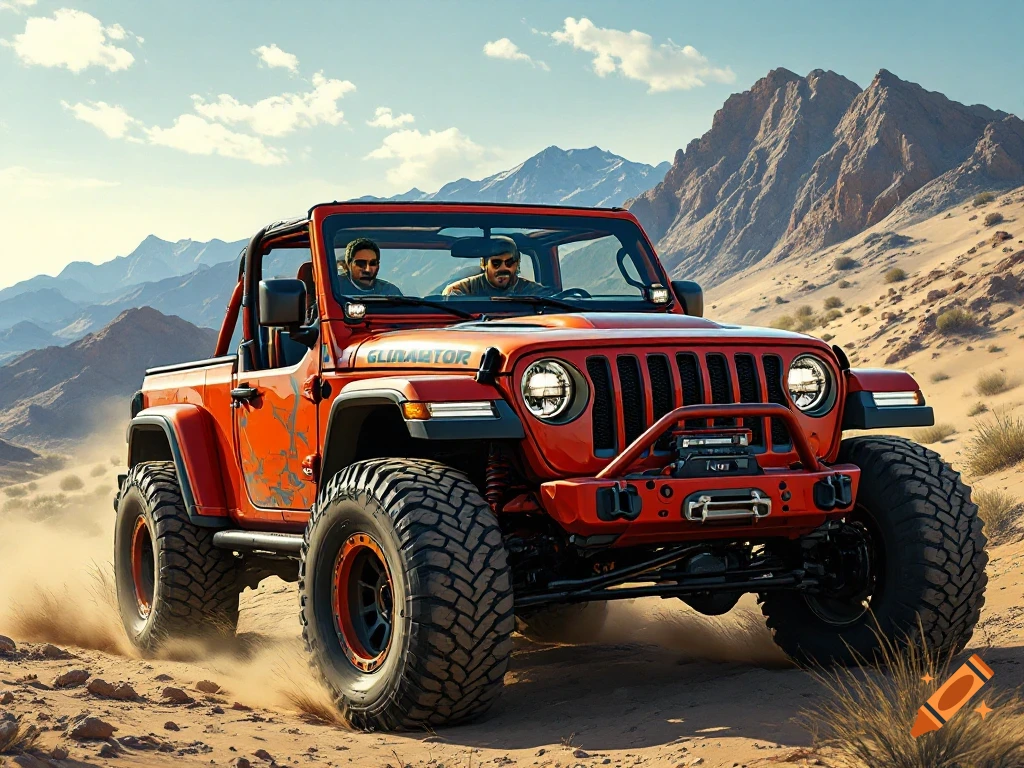 An orange Jeep Gladiator drives through a desert landscape with two men ...