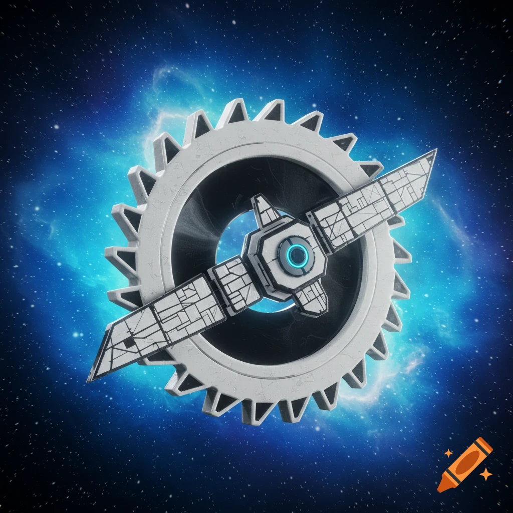 A stylized space-themed Geometry Dash saw or gear against a blue nebula ...