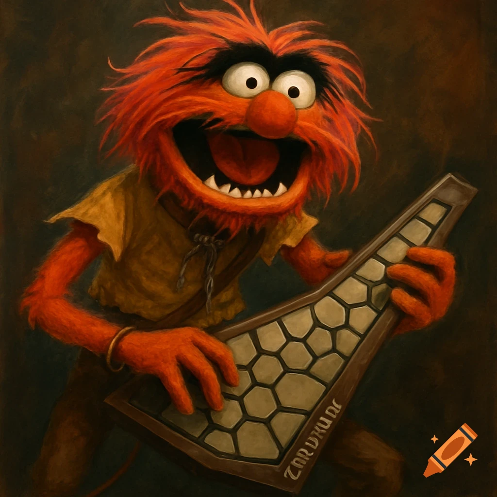 Painting of Muppet character Animal playing a drum instrument with an ...