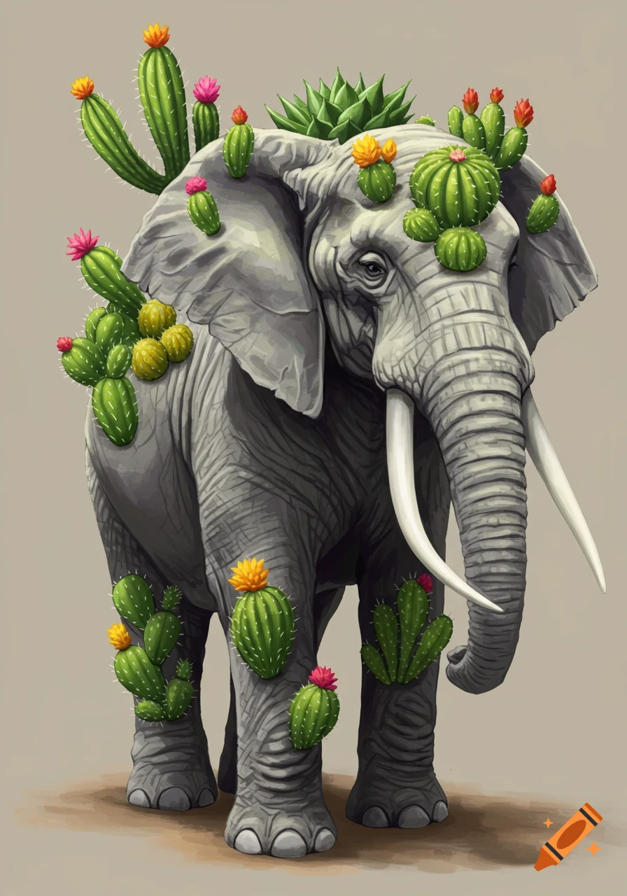 Illustration of an elephant covered in various cacti and flowers on Craiyon