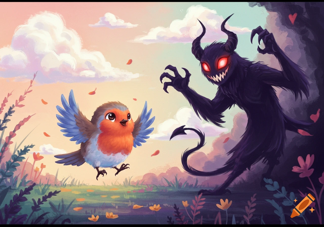 A cute cartoon robin bird flying away from a scary shadow monster with ...