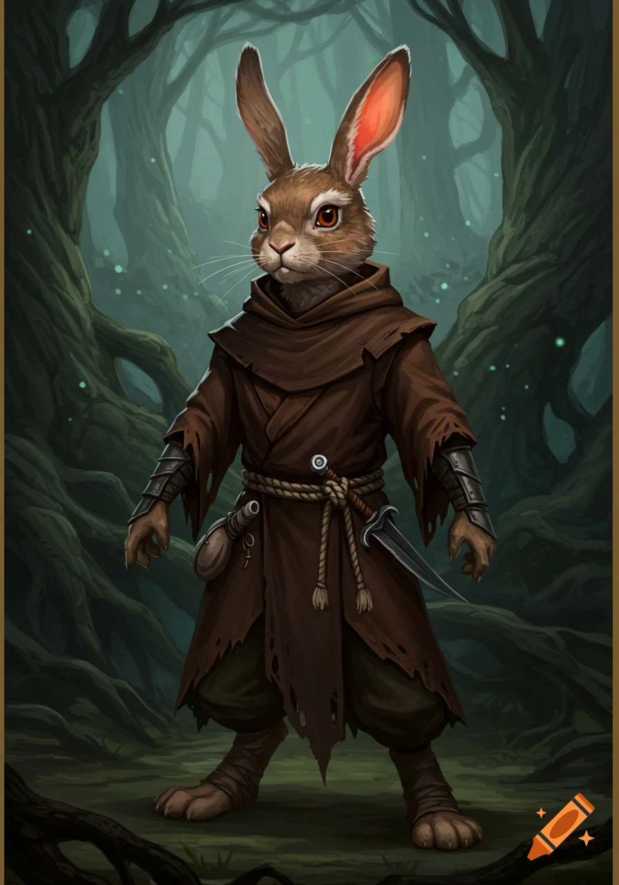An anthropomorphic rabbit character in brown fantasy rogue or monk ...