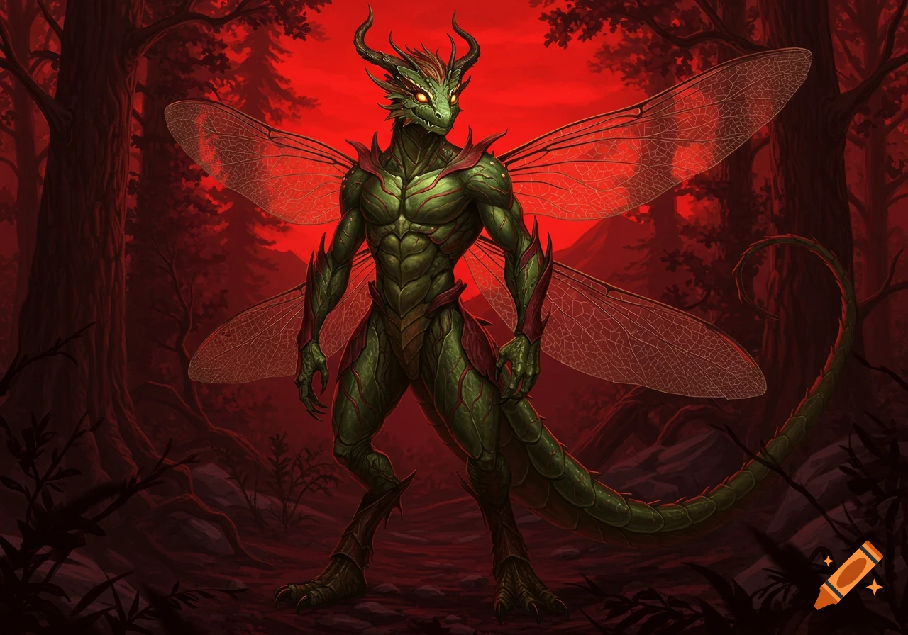 Green dragon-insect hybrid creature with translucent wings stands in a ...