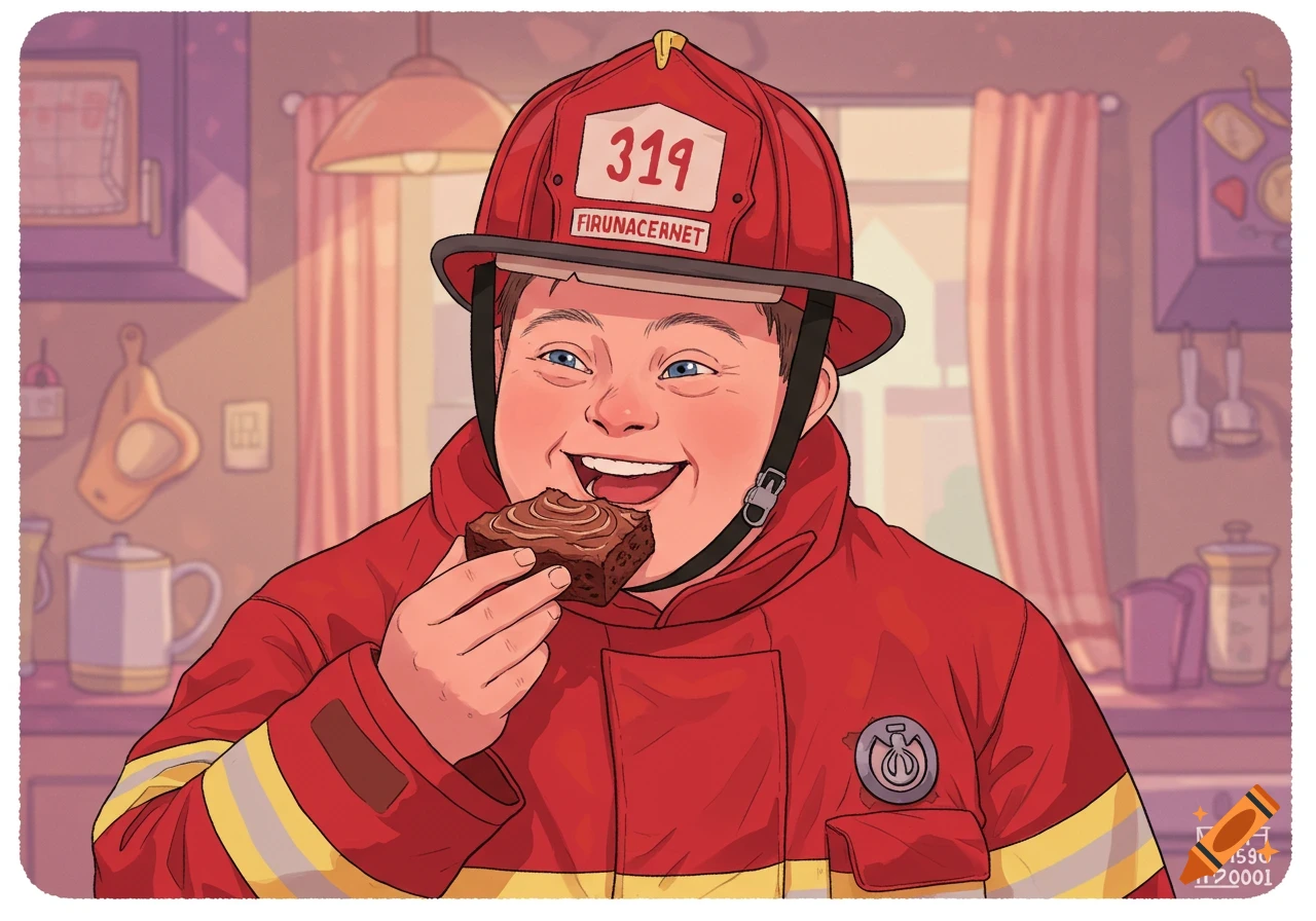 Illustration of a firefighter with Down Syndrome eating a brownie in a ...