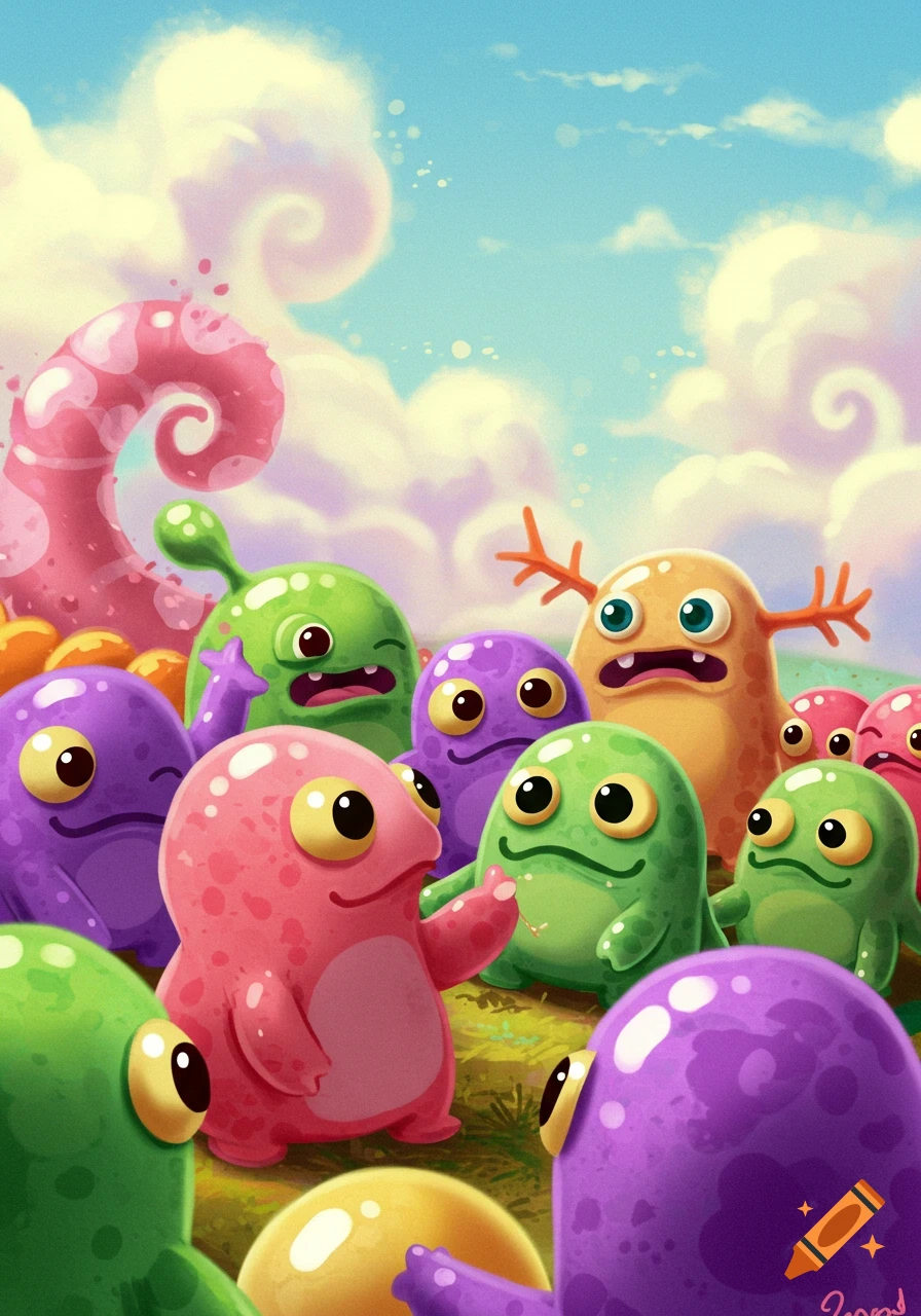 A group of colorful cartoon monsters in a grassy field under a cloudy sky. on Craiyon