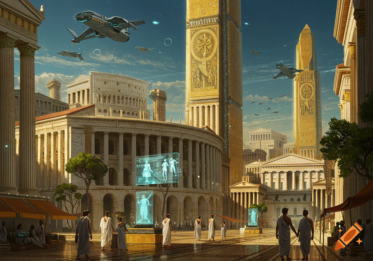 A futuristic cityscape merges ancient Roman architecture with flying ...