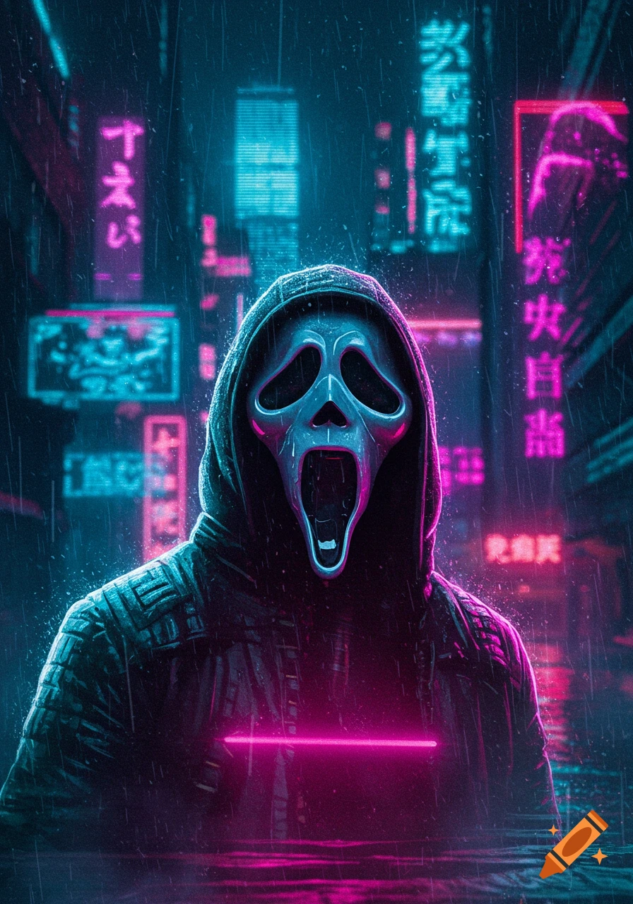 Ghostface stands in a rainy, neon-lit cyberpunk city street. on Craiyon