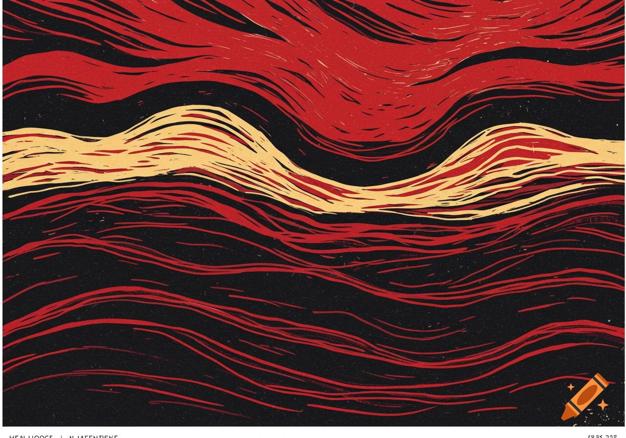 Abstract linocut with swirling red, yellow, and black lines. on Craiyon