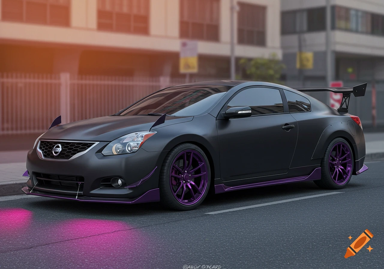 Matte black Nissan Altima coupe with purple accents and wheels parked ...
