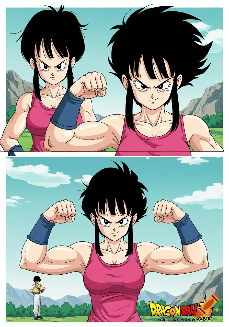 Anime image of Chi-Chi from Dragon Ball Super flexing her muscular arms ...