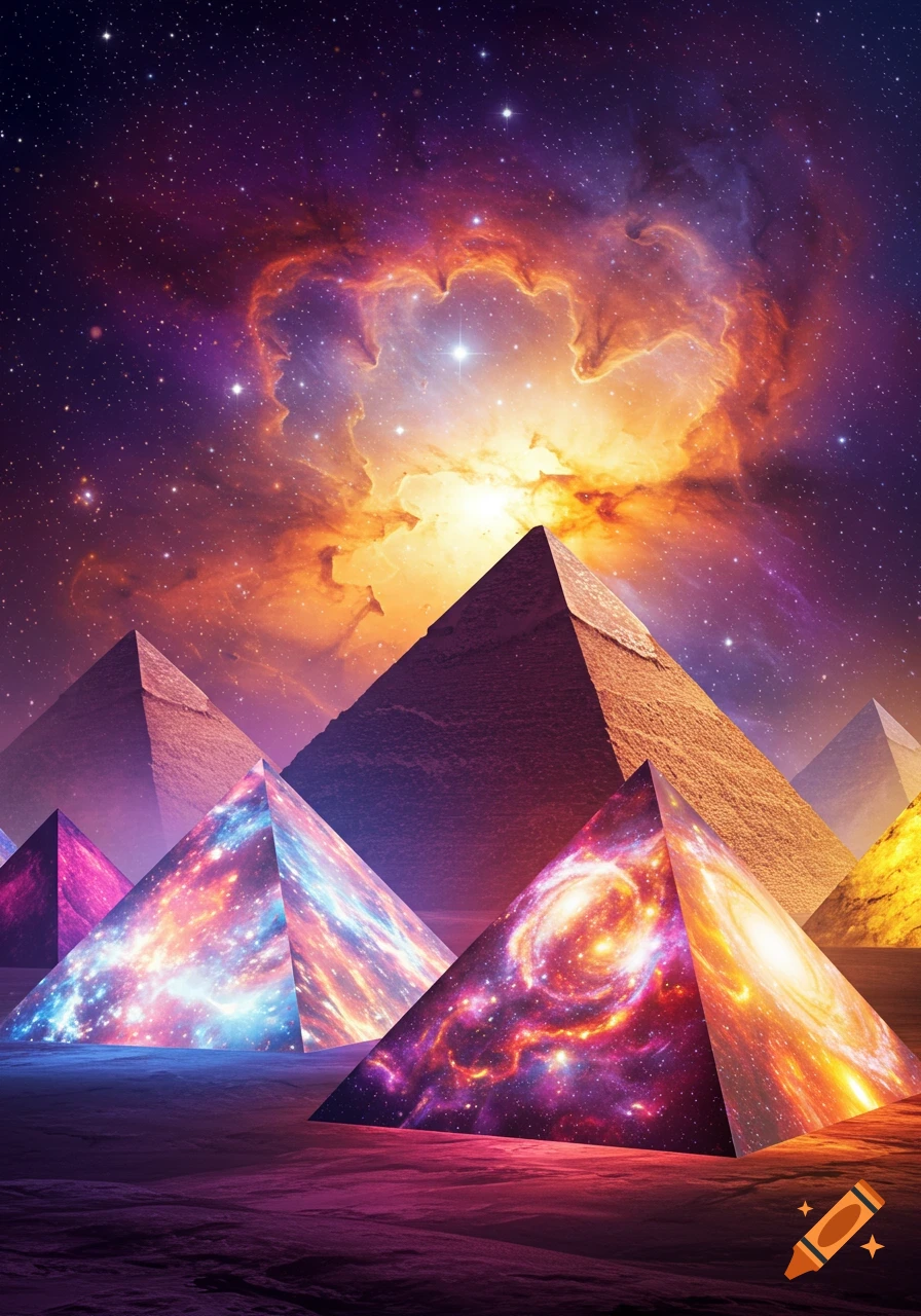 Surreal pyramids filled with galaxies and nebulae under a starry cosmic ...