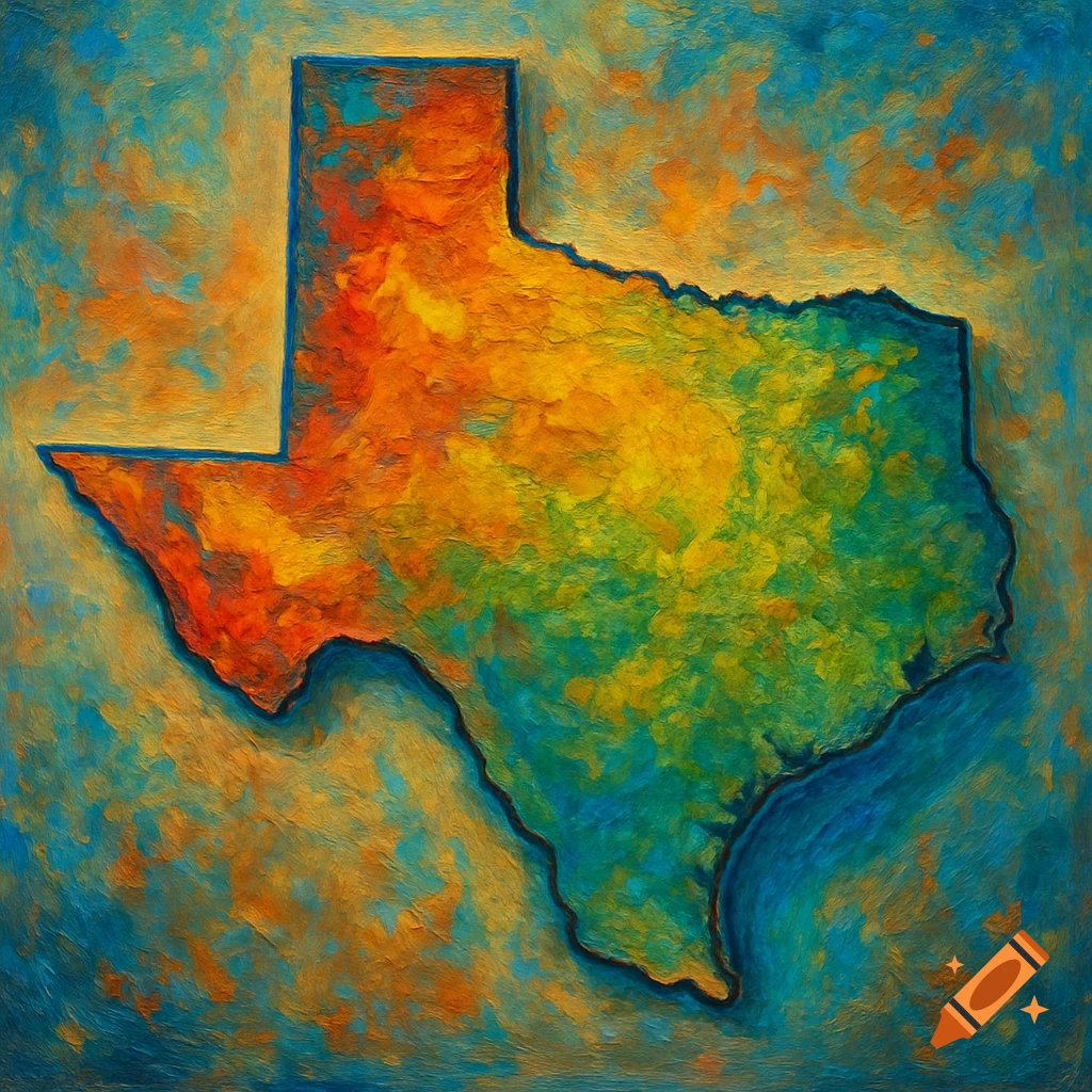 A vibrant, textured painting of the state of Texas map. on Craiyon