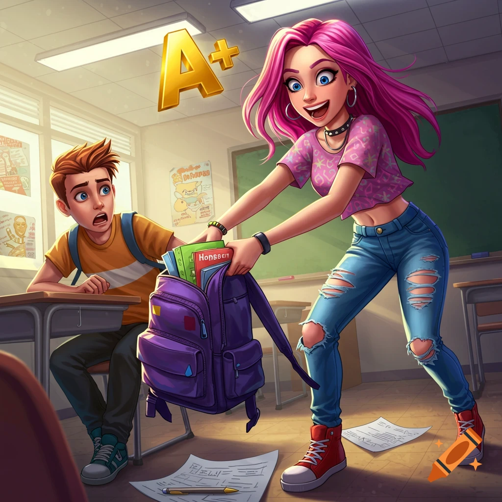 Cartoon illustration of a girl stealing a boy's homework from his ...