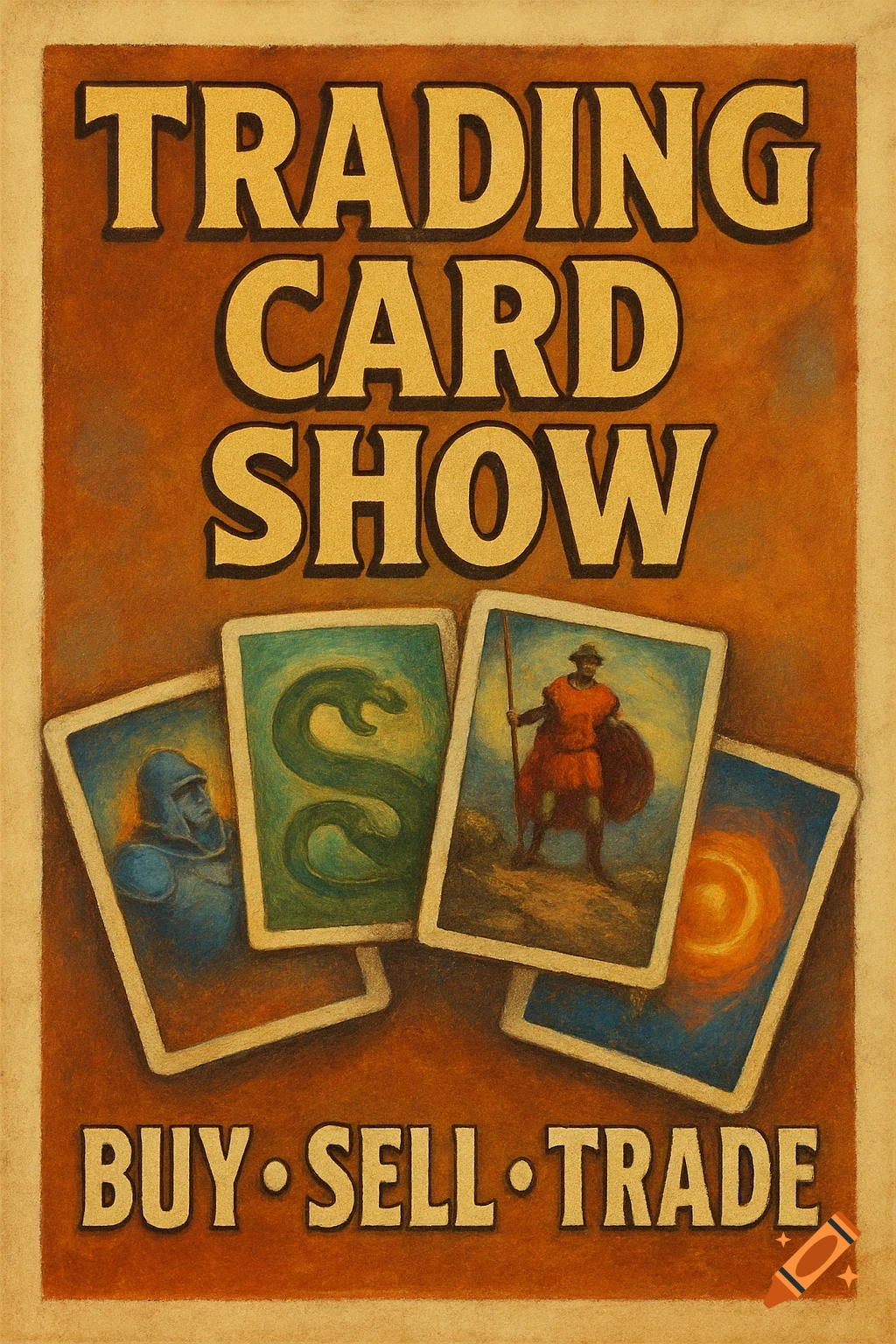A vintage-style flyer for a trading card show featuring text and ...