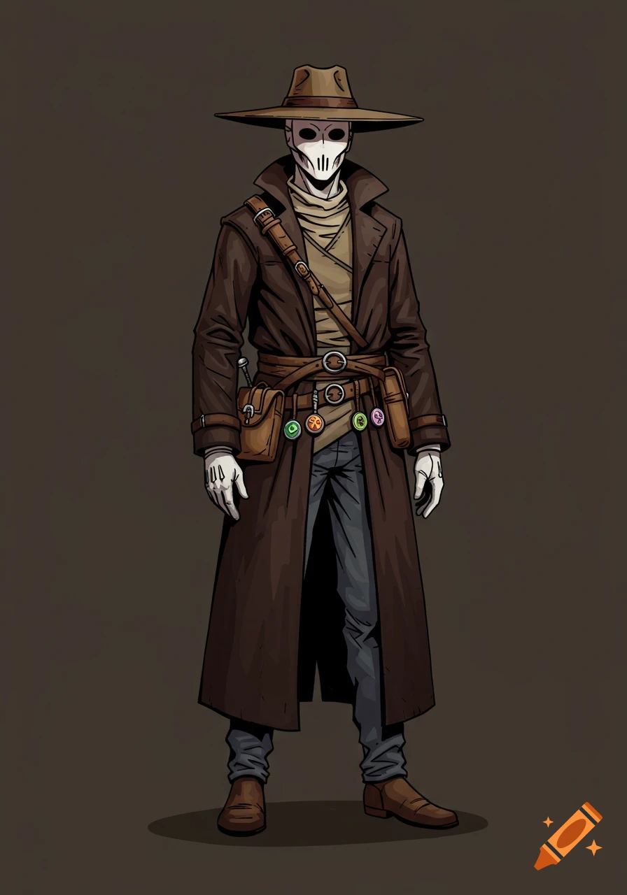 Comic book illustration of a masked character in a wide-brimmed hat ...