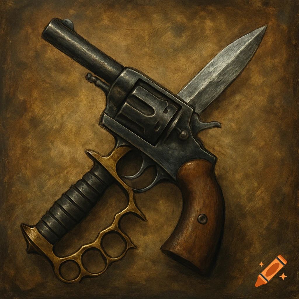 Illustration of a revolver, trench knife, and brass knuckles combined ...