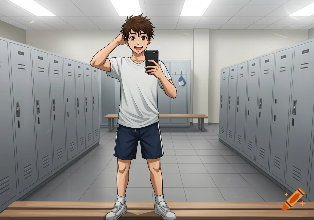 Anime illustration of a boy taking a selfie in a locker room. on Craiyon