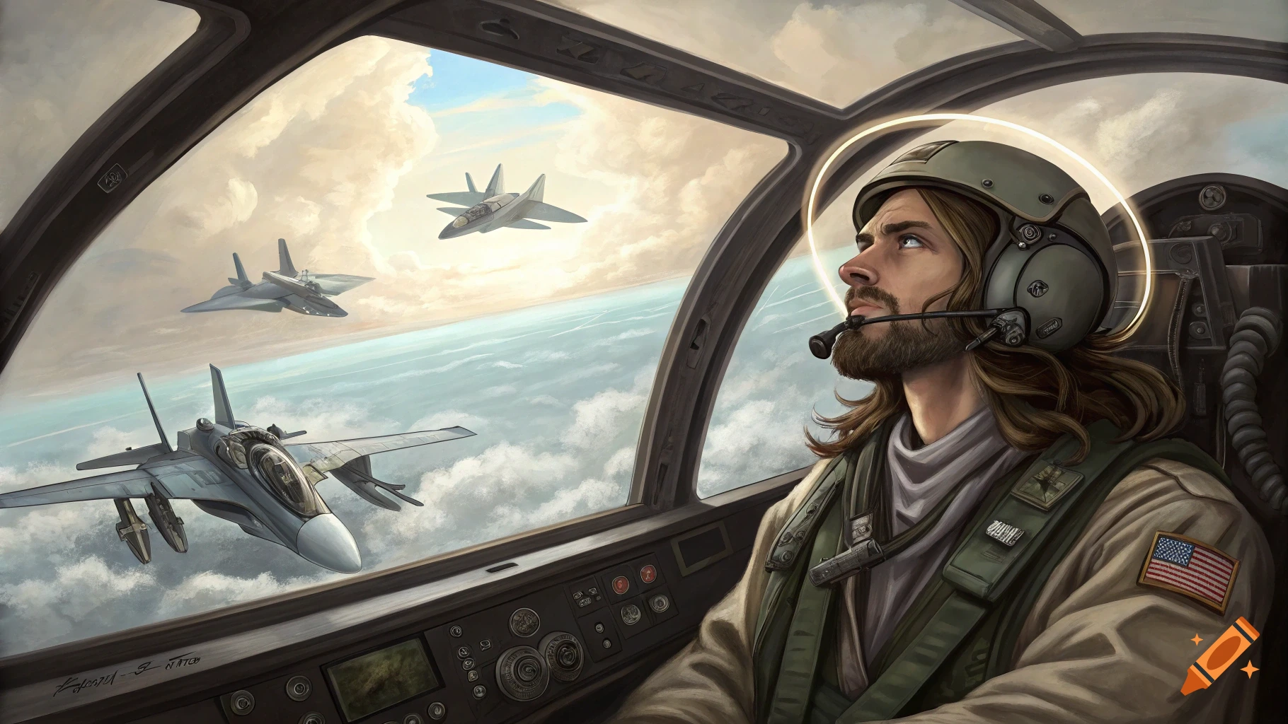 Figure resembling Jesus wears a pilot helmet in a jet cockpit, looking ...