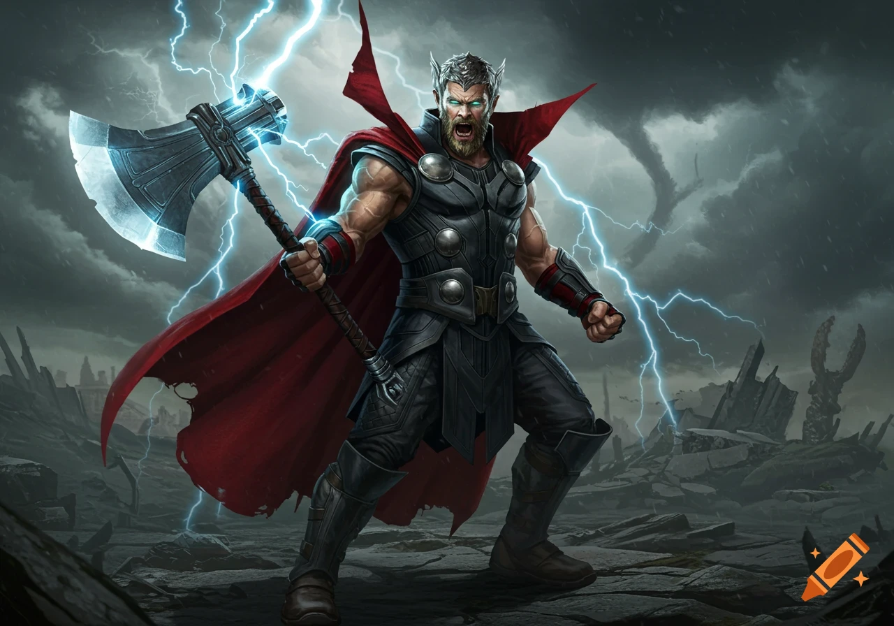 A muscular fantasy superhero holding a large axe, standing in a rocky ...