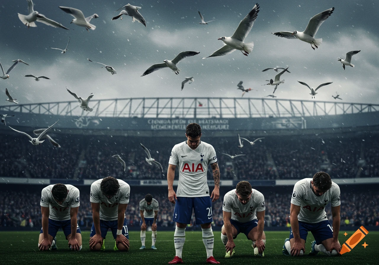 Tottenham Hotspurs footballers on the field with seagulls flying ...