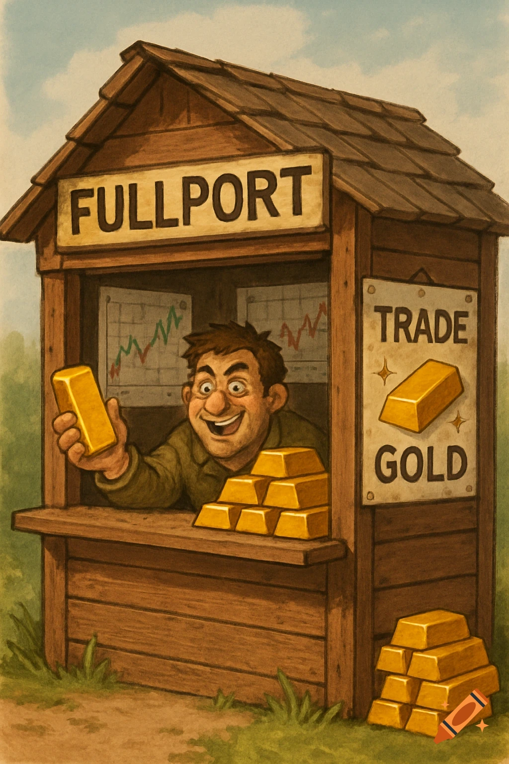 A cartoon illustration of a man selling gold from a wooden shed labeled ...