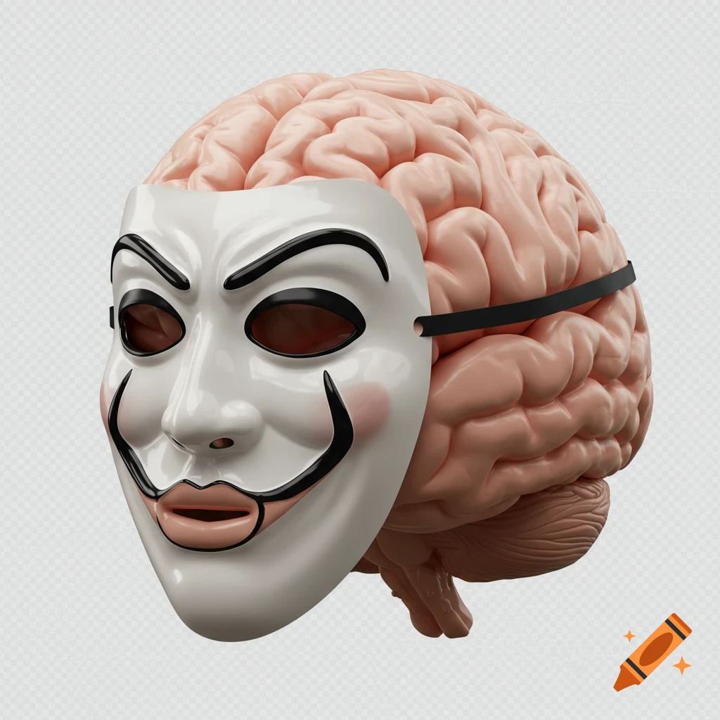 A 3D render of a human brain wearing a white Guy Fawkes mask on Craiyon