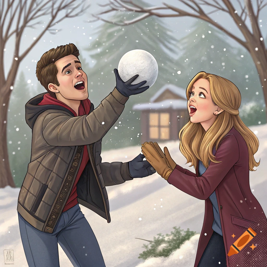 Illustrated scene of a man and woman playing with a snowball in the ...