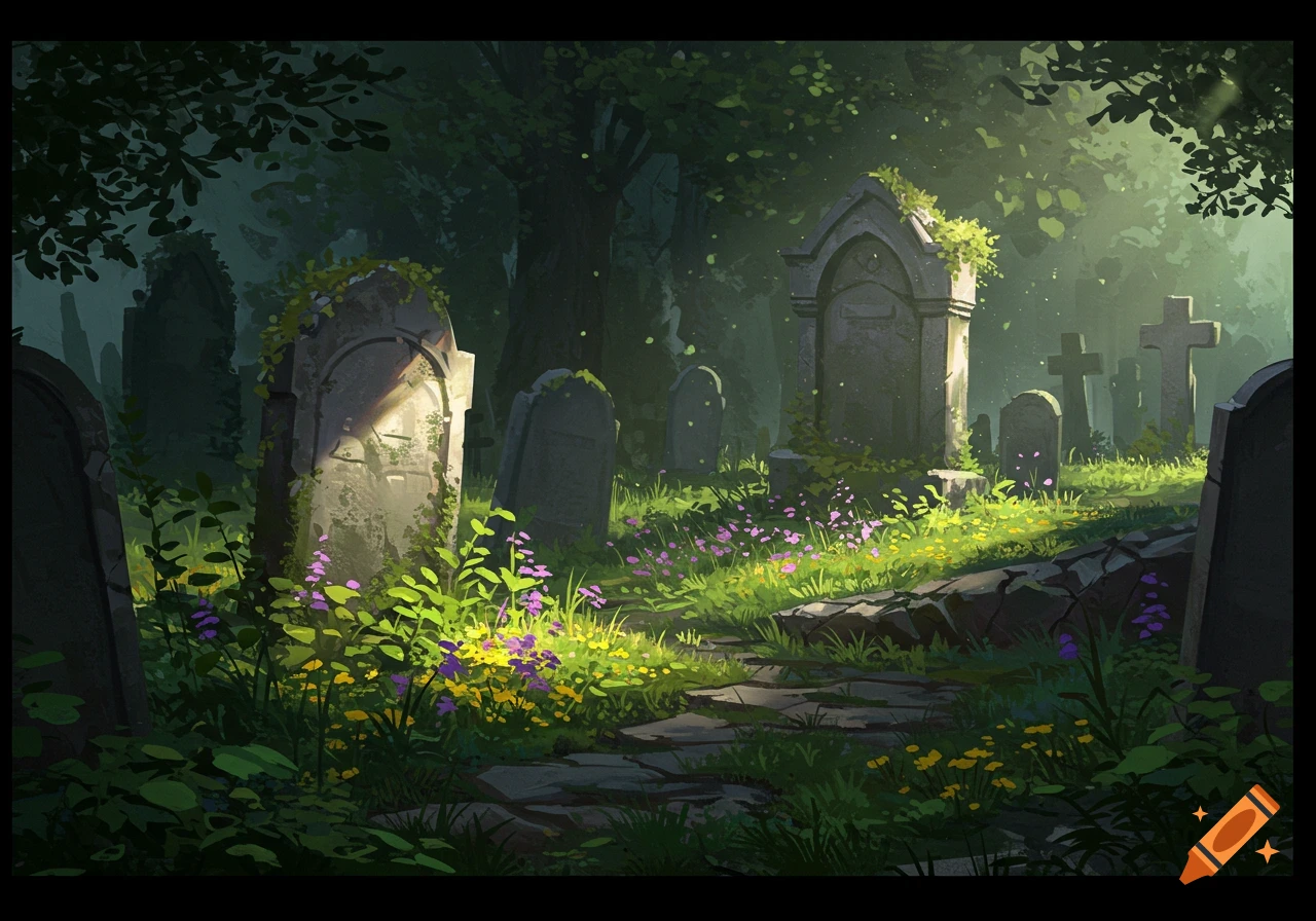 Sunny graveyard with wildflowers growing among the mossy gravestones ...