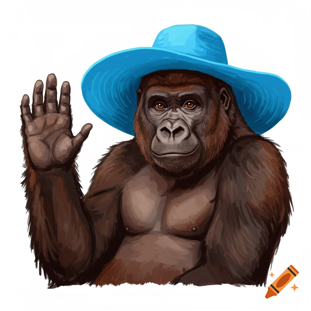 Illustration of a gorilla in a blue sun hat waving. on Craiyon