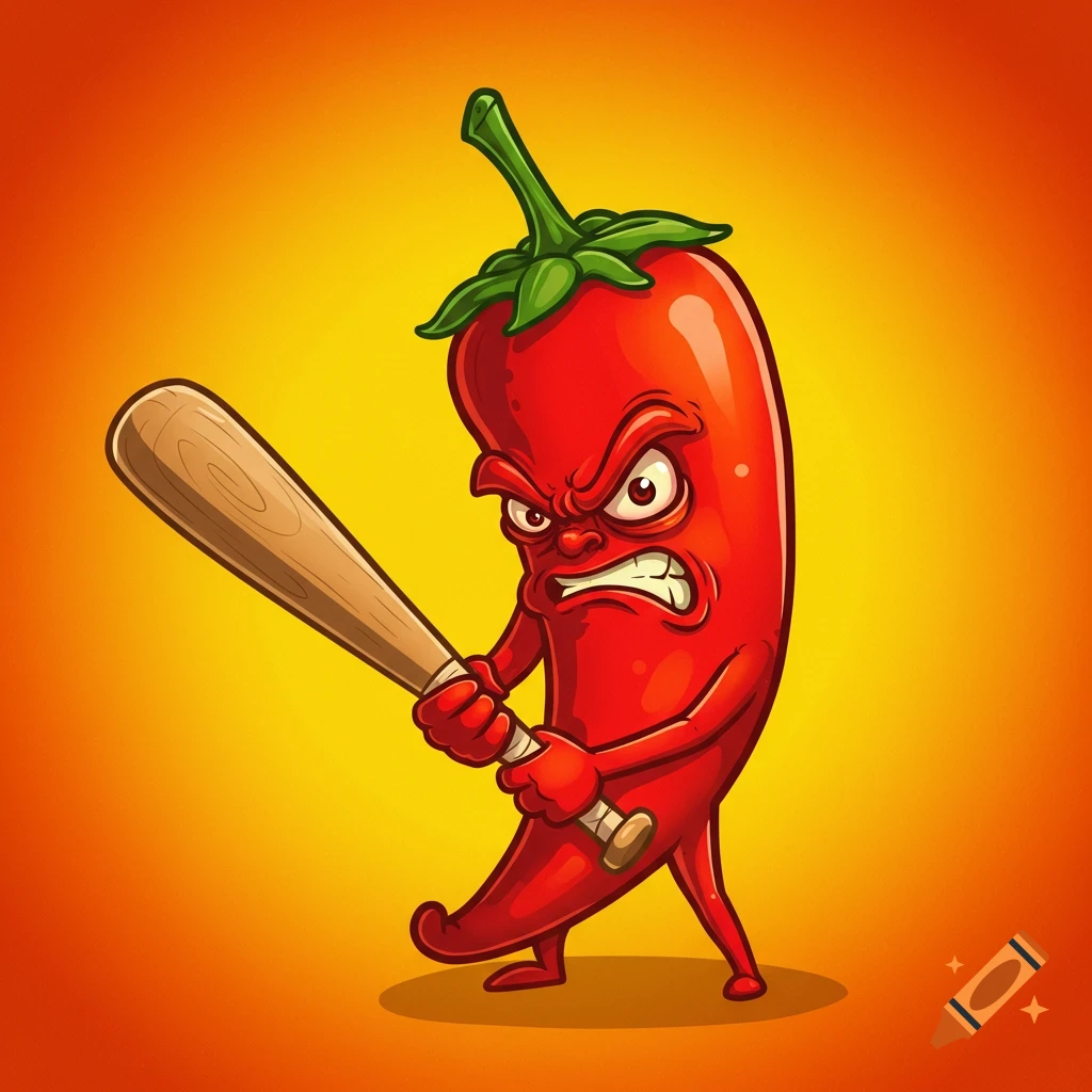 Cartoon red chili pepper character holding a baseball bat aggressively ...