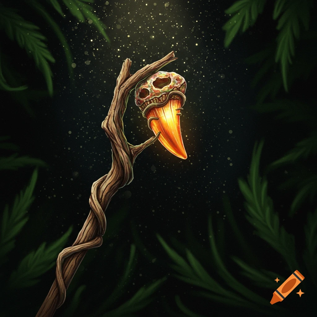 Gnarled twig staff with a skull and glowing orange tooth in a dark ...