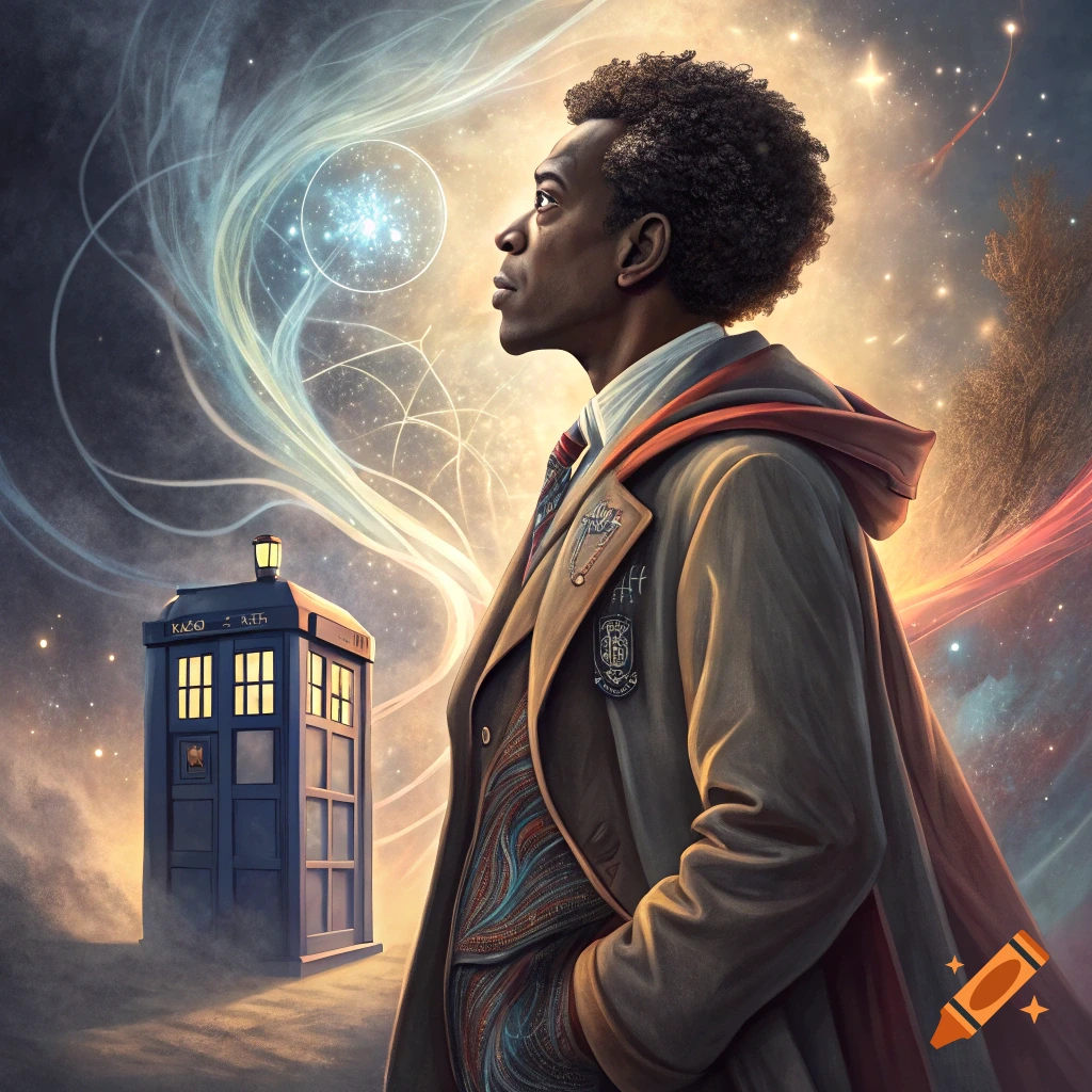 Person in coat stands next to a police box in space with swirling ...