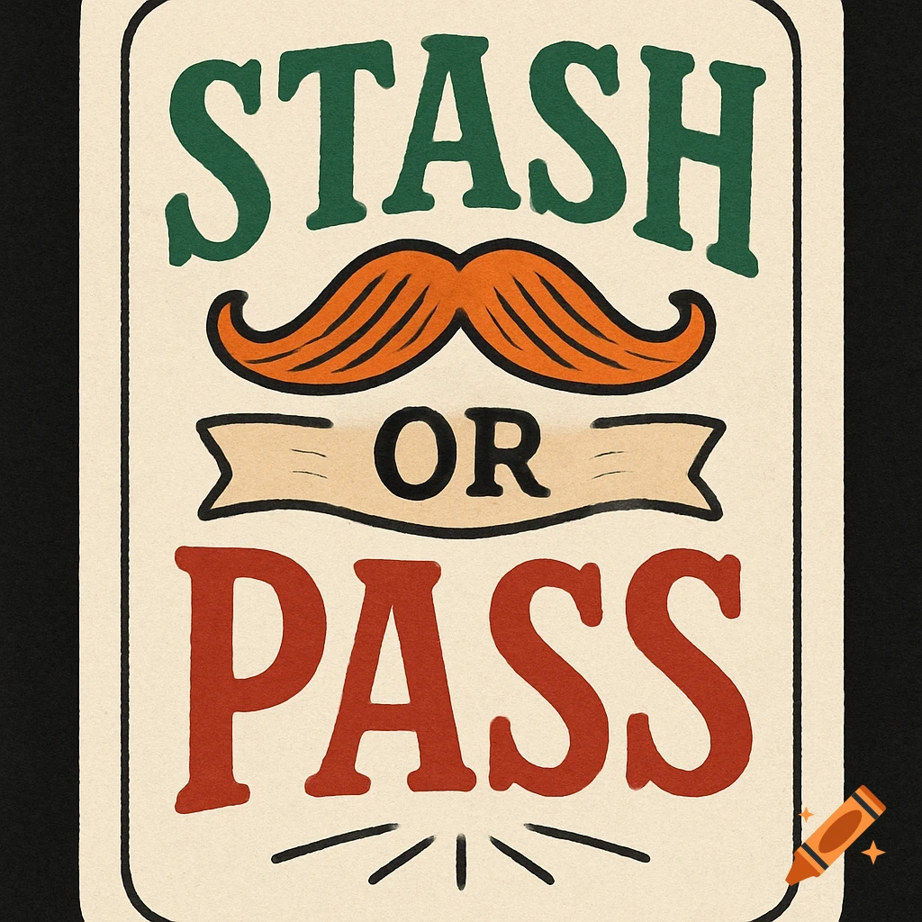 Graphic design card saying 'STASH OR PASS' with an orange mustache ...