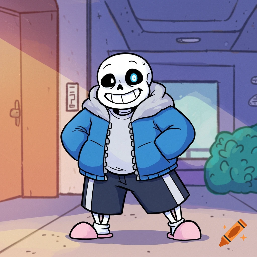 Cartoon drawing of Sans from Undertale standing in a hallway. on Craiyon