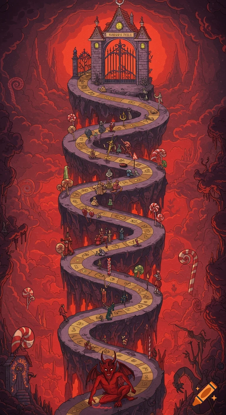 Cartoon illustration of a winding game path going up to the gates of ...