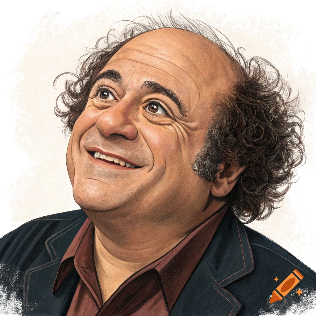 A digital illustration of Danny DeVito smiling, looking up and to the ...