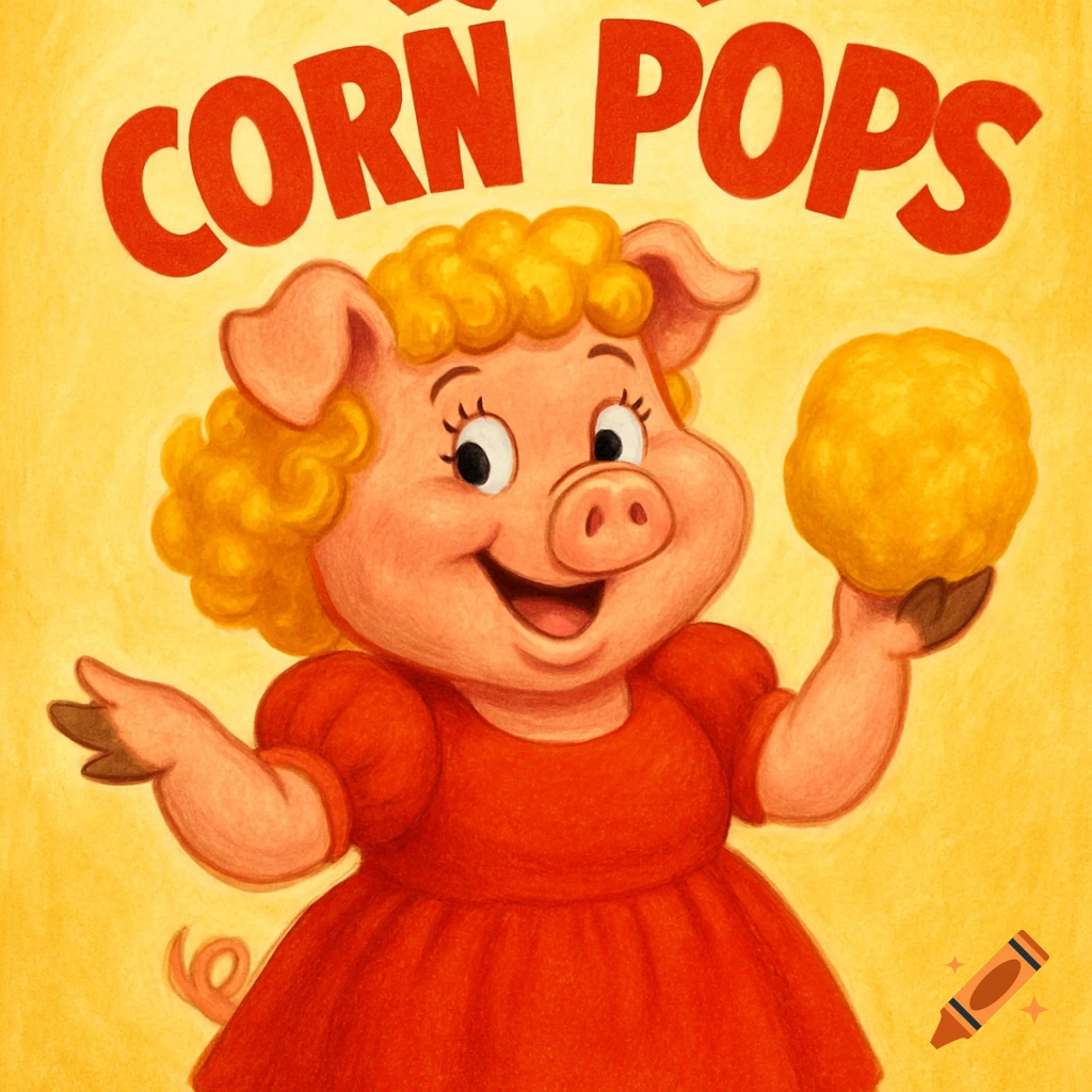 Cartoon pig mascot in a red dress holding a yellow sphere, with 'CORN ...