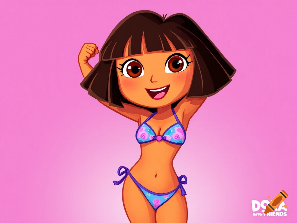 Cartoon of Dora the Explorer in a bikini, flexing her arm on Craiyon