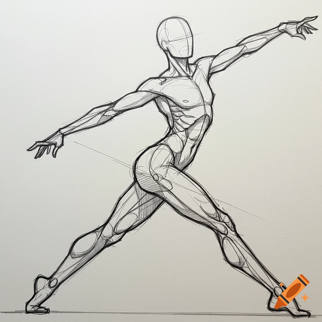 Pencil sketch figure study of a dynamic pose, showing anatomical ...