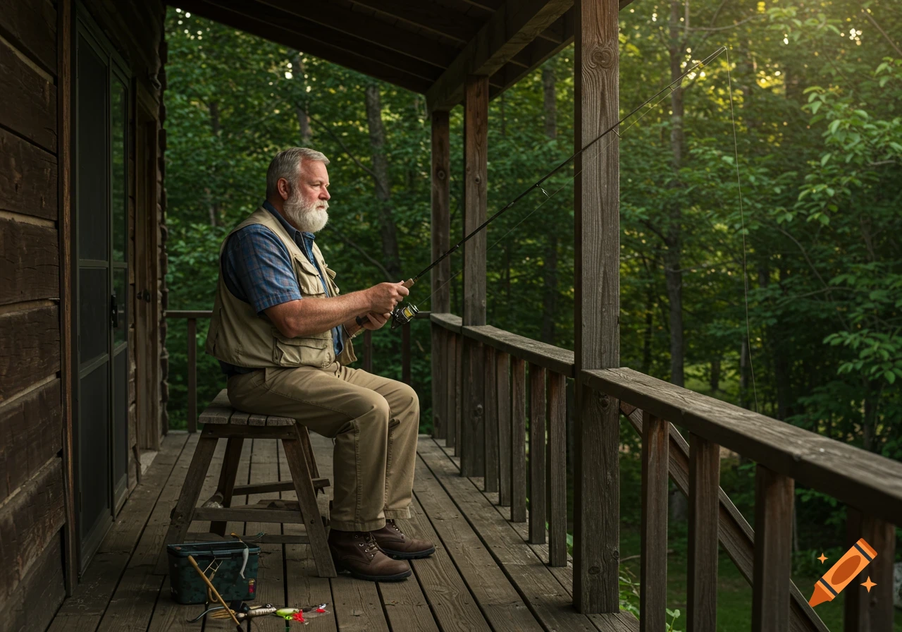An older man sits on a wooden porch fishing, surrounded by green woods ...