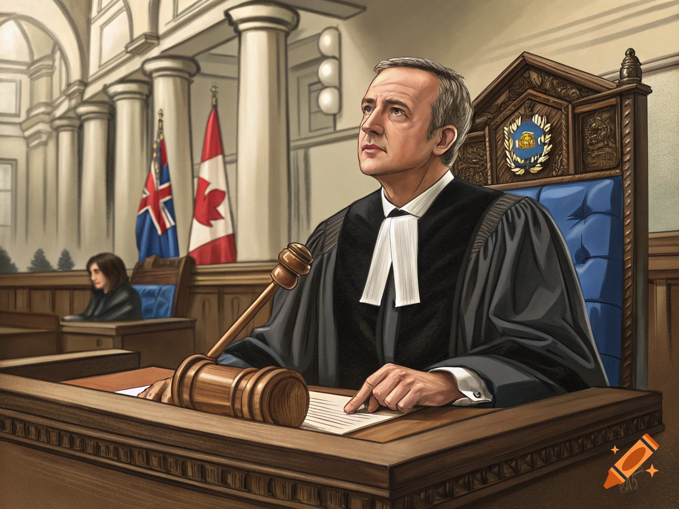 Painting of a judge presiding in a courtroom with flags on Craiyon
