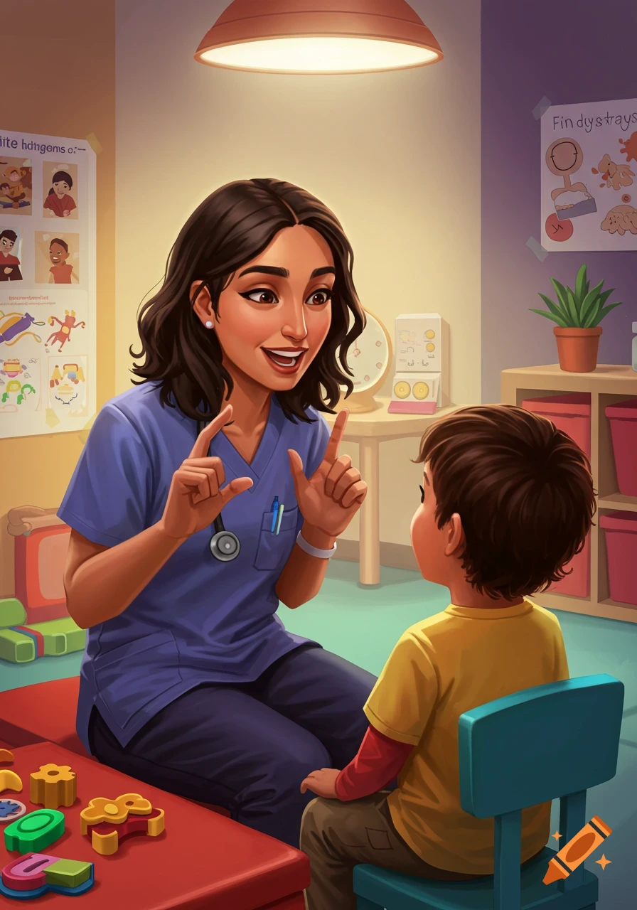 Illustration of a speech therapist talking to a child in a room with ...