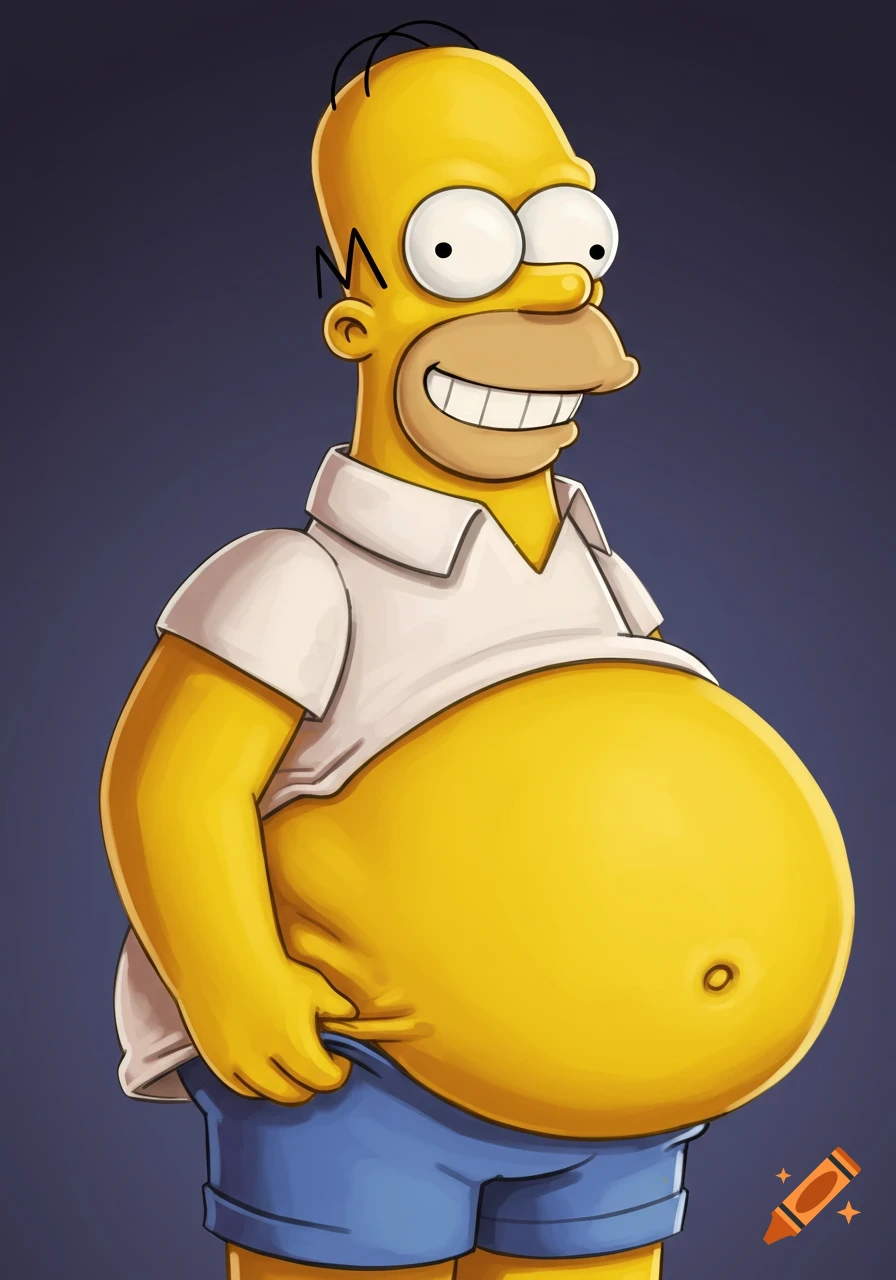 Cartoon illustration of Homer Simpson with a very large belly, smiling ...