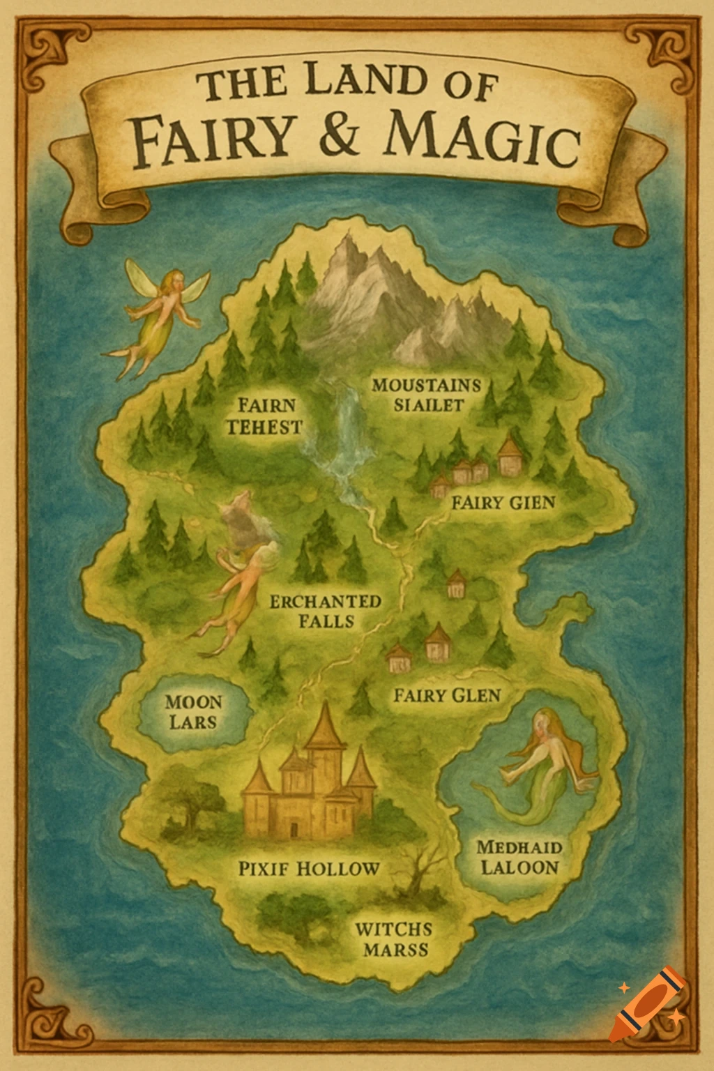 Hand-drawn fantasy map of 'The Land of Fairy & Magic' island with ...