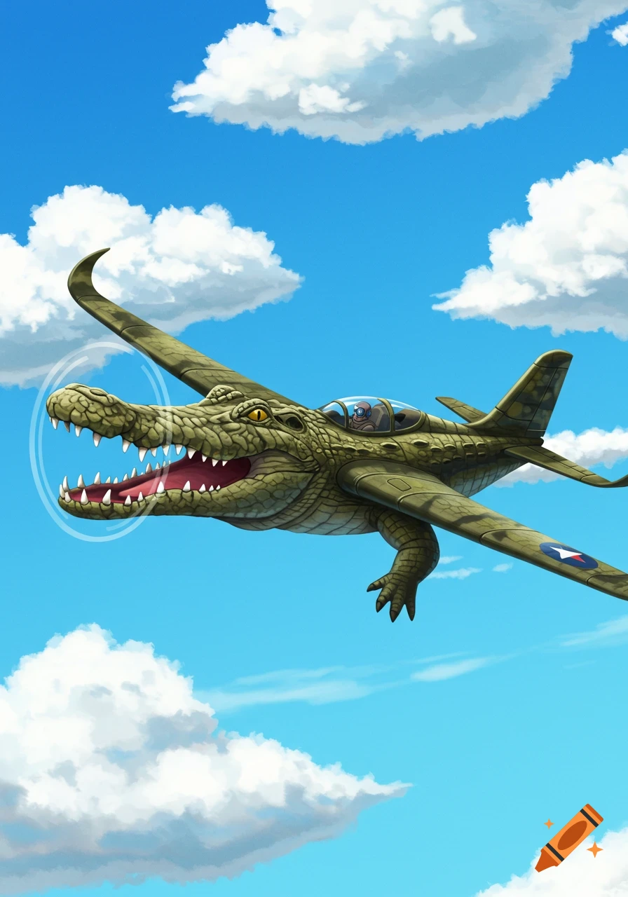 Cartoon illustration of a green crocodile-shaped airplane flying ...