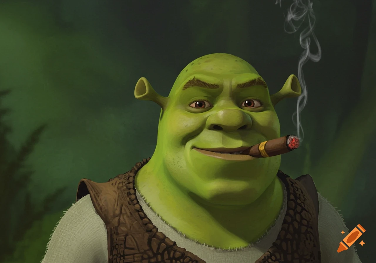 Close-up illustration of Shrek smoking a cigar, looking smug. on Craiyon