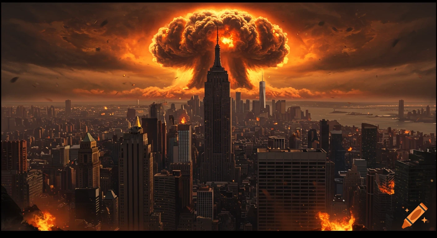 A large mushroom cloud from a nuclear explosion rises over the New York ...